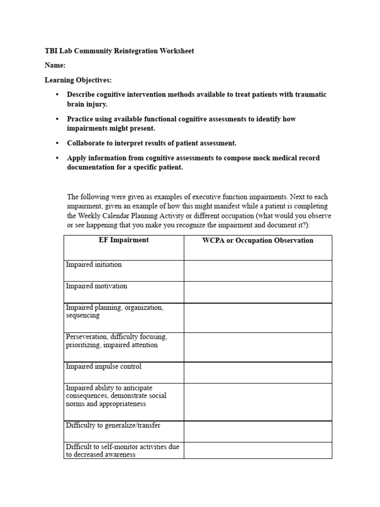 TBI Community Reintegration Worksheet | PDF | Traumatic Brain Injury ...