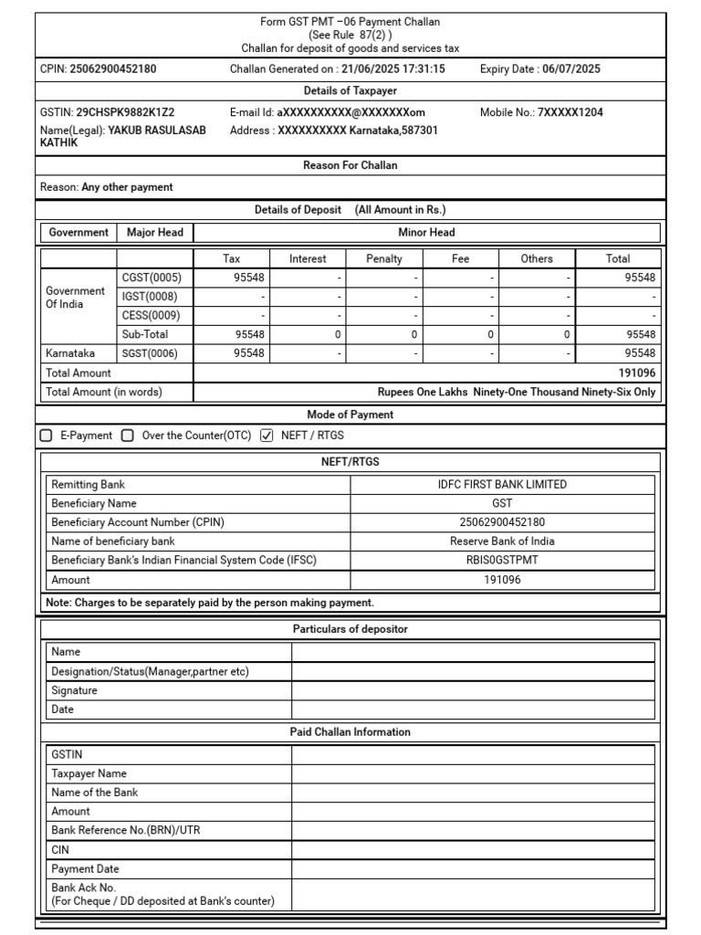 GST PMT-06 Payment Challan Details | PDF | Cheque | Banks