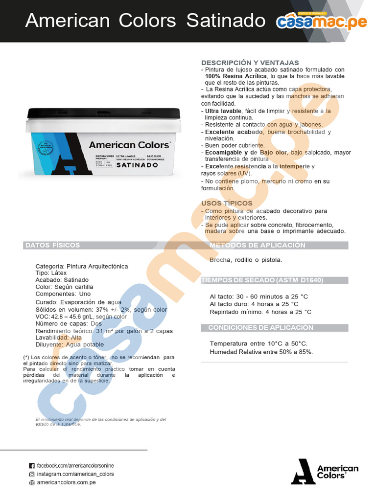 Ficha Técnica de Pintura American Colors Satinado | PDF | Pintar | Agua