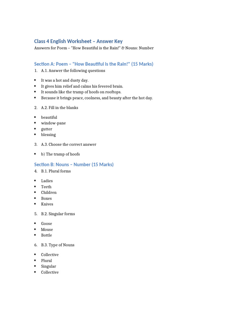 Class 4 English Worksheet Answer Key | PDF