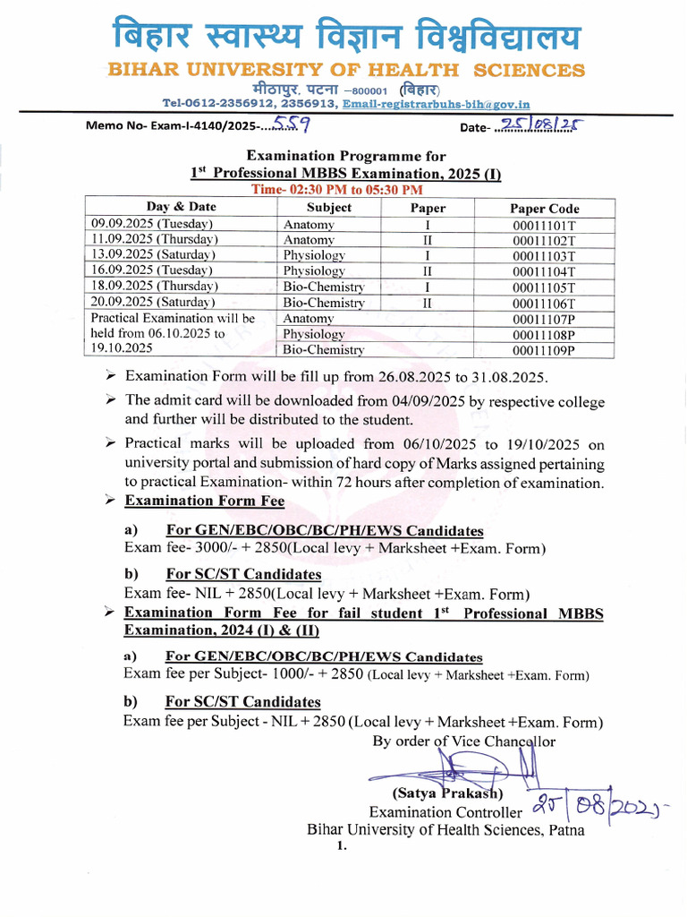 Examination Programme - 1st Professional MBBS Examination, 2025 (I) | PDF