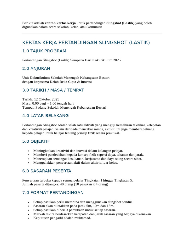 Contoh Kertas Kerja Pertandingan Slingshot (Lastik) | PDF