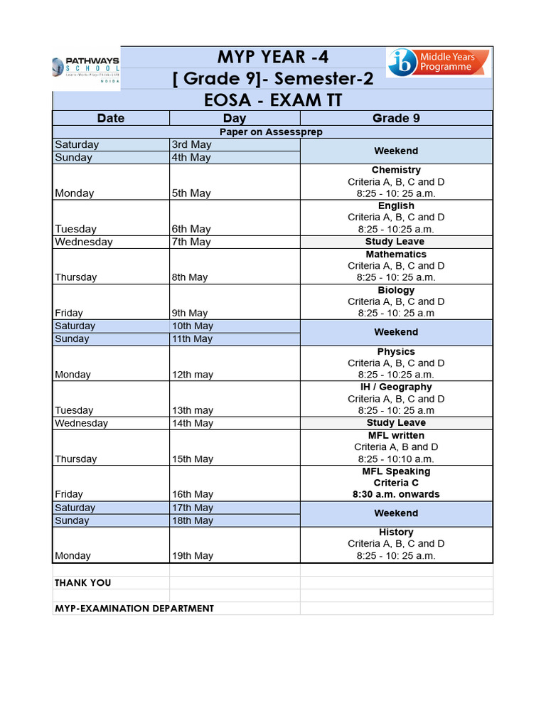 MYP Exam Schedule 2026 for Grade 9 | PDF