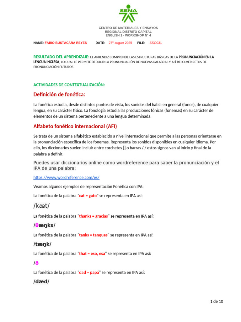 TALLER 4 -MEJORAR PRONUNCIACION -FONETICA | PDF | Fonética | Fonema