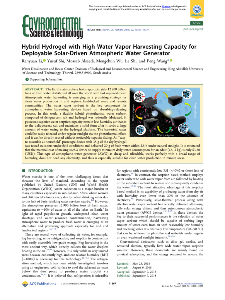 Li Et Al 2018 Hybrid Hydrogel With High Water Vapor Harvesting Capacity ...
