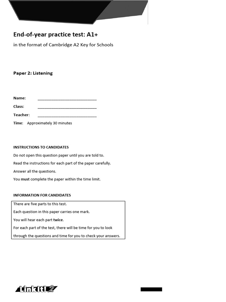 A1+ Listening Practice Test for A2 Key | PDF