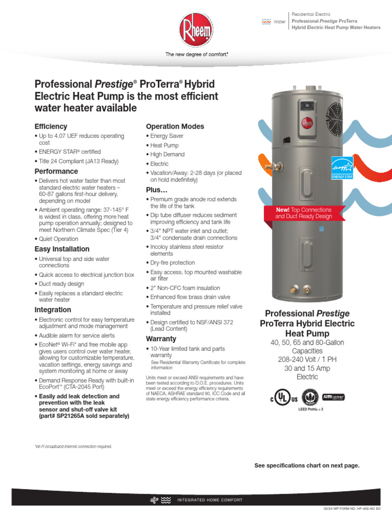 ProTerra Hybrid Electric Water Heaters | PDF | Duct (Flow) | Water Heating