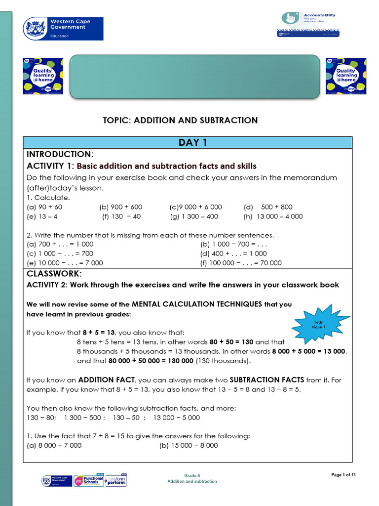 Grade 6 Addition and Subtraction Skills | PDF | Subtraction | Mathematics