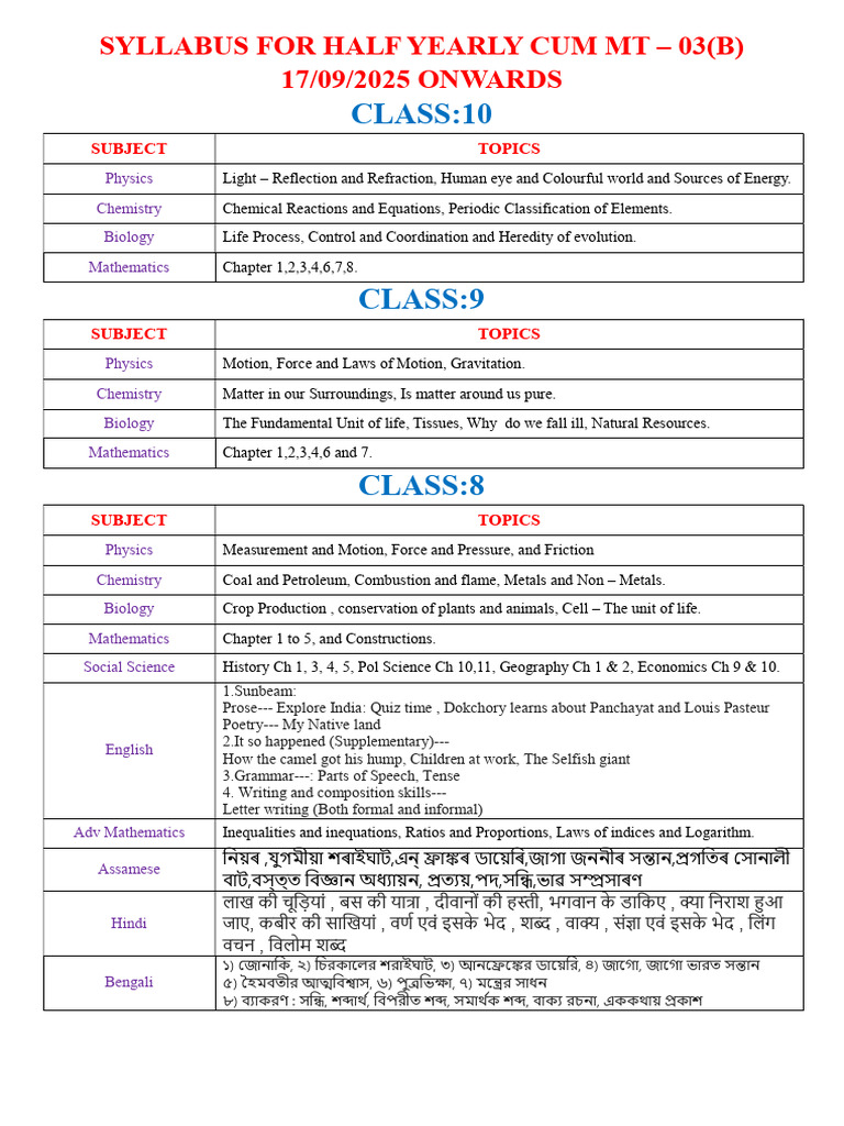 Syllabus Half Yearly Cum MT - 03 (B) 2025-2026, Amrs | PDF | Noun | Grammar