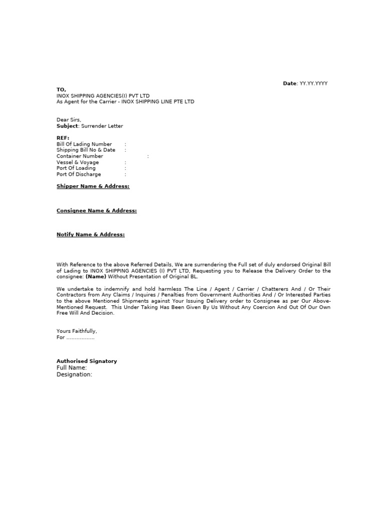 Surrender Letter Format | PDF