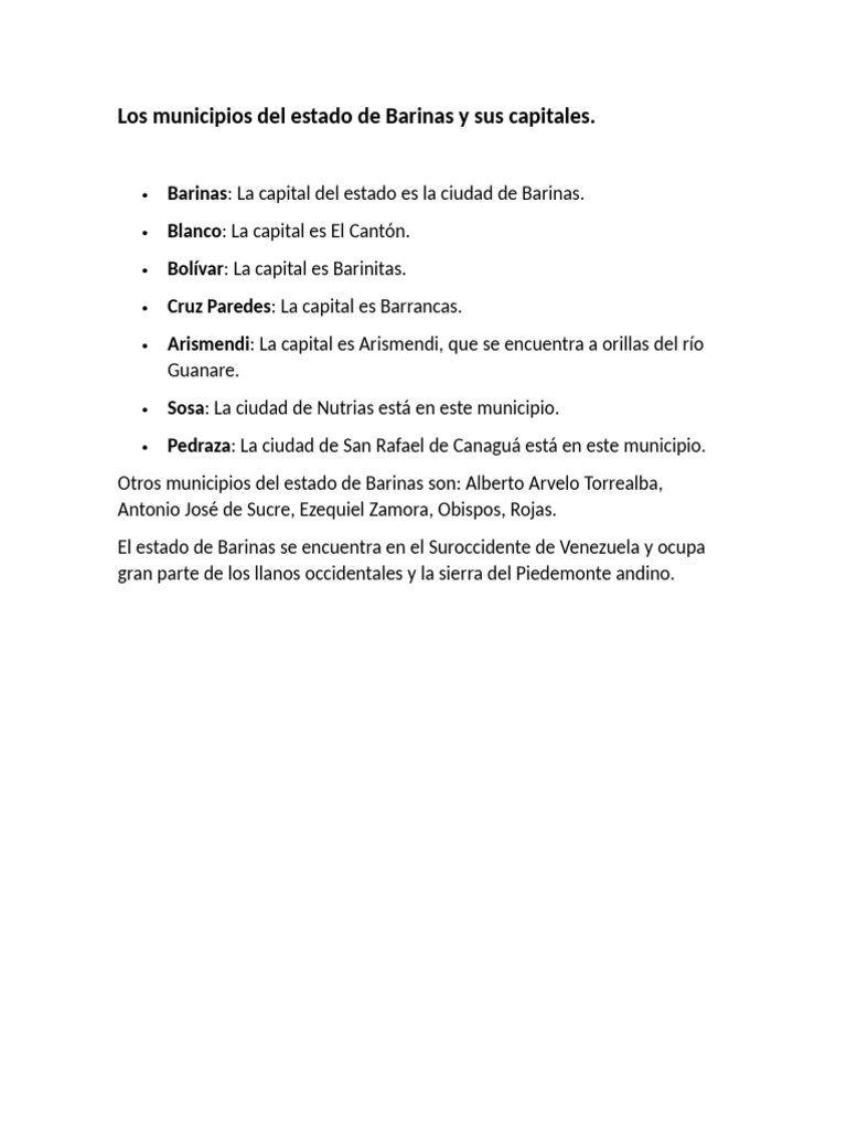 Los Municipios Del Estado de Barinas y Sus Capitales. | PDF
