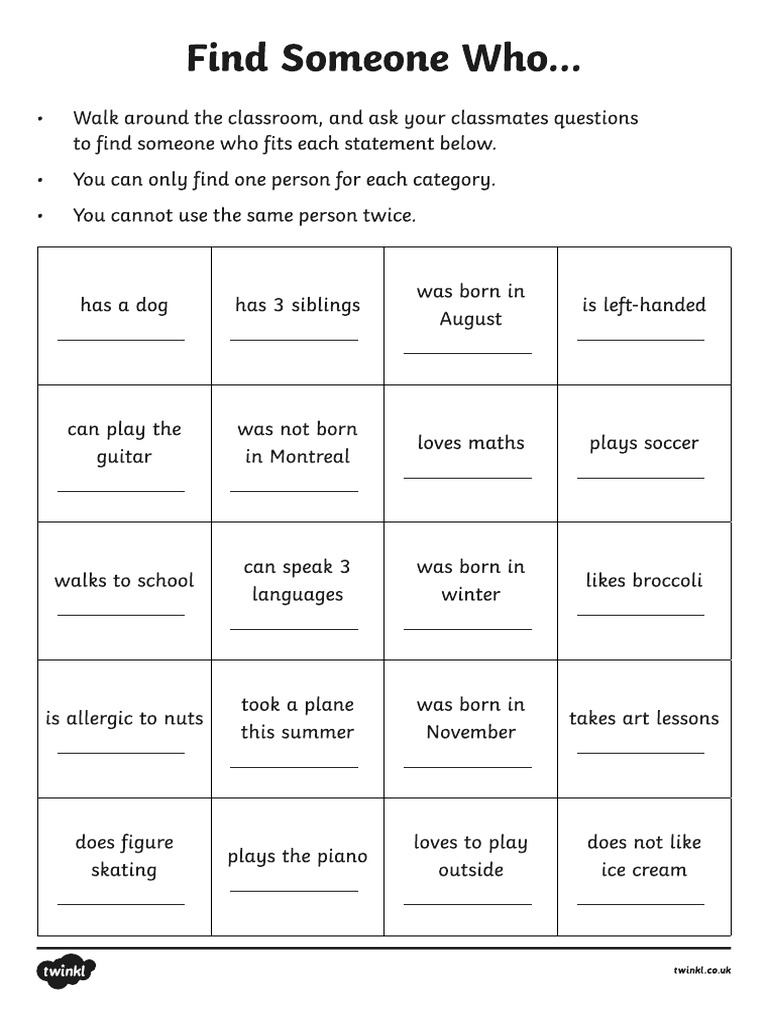 CA C 2 Find Someone Who Getting To Know You Game Activity Sheet | PDF