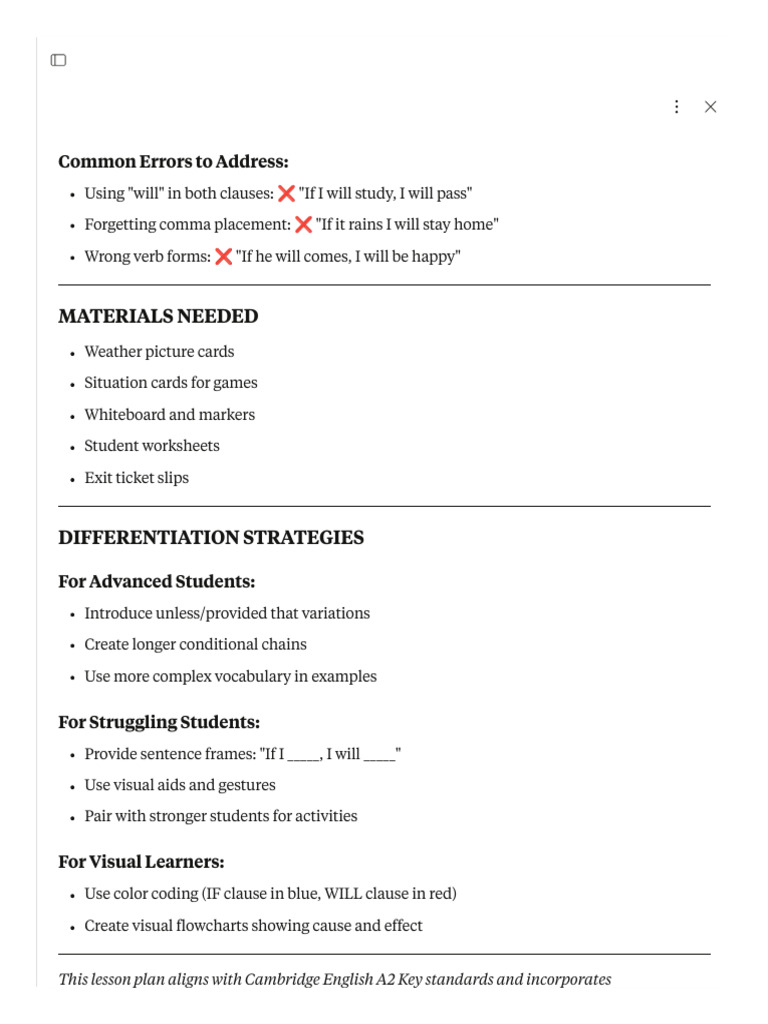 First Conditional Lesson Plan for 6th Grade - Claude | PDF | Lesson Plan | Linguistics