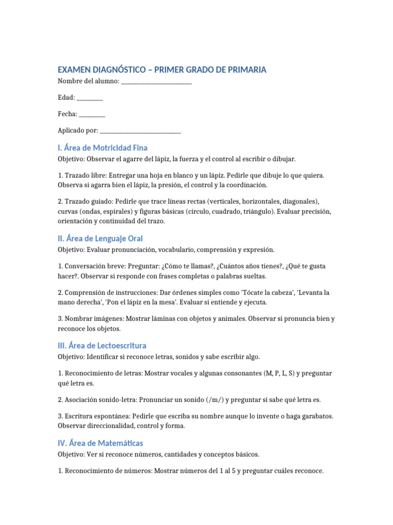 Examen Diagnóstico Primer Grado | PDF | Escritura | Comunicación humana