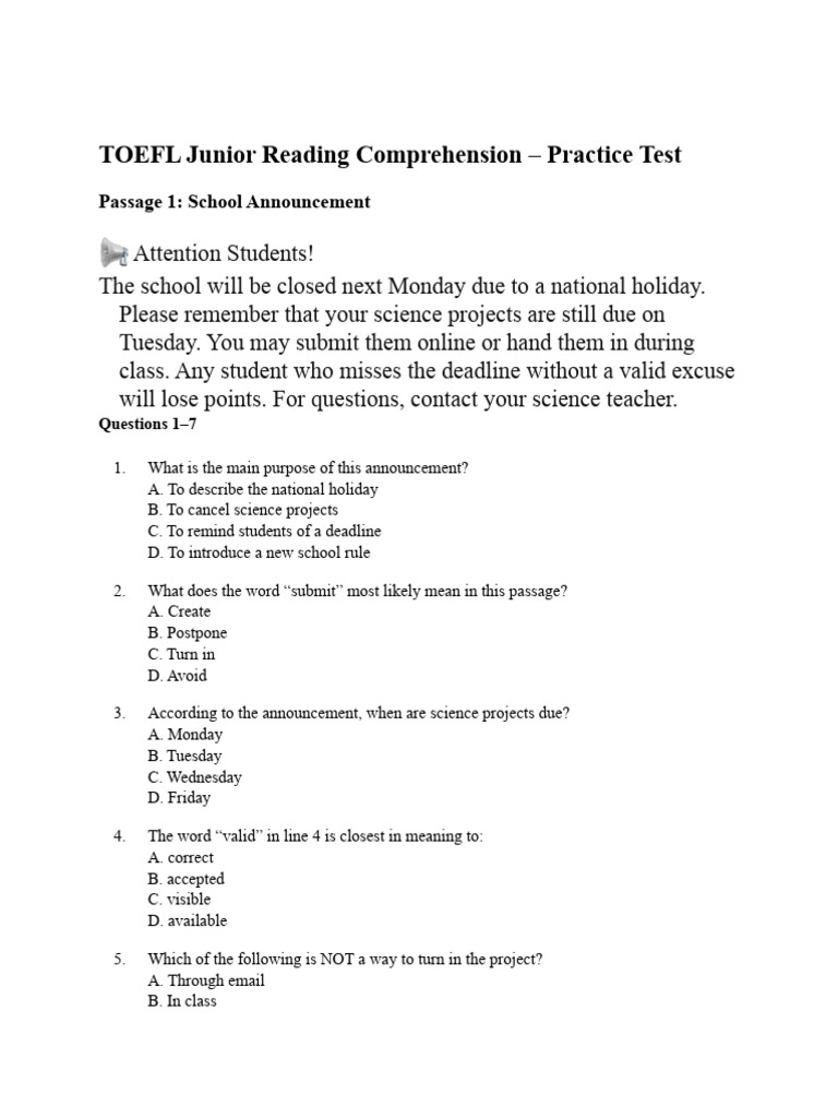 Reading & Comprehension TOEFL JUNIOR | PDF | Volcano