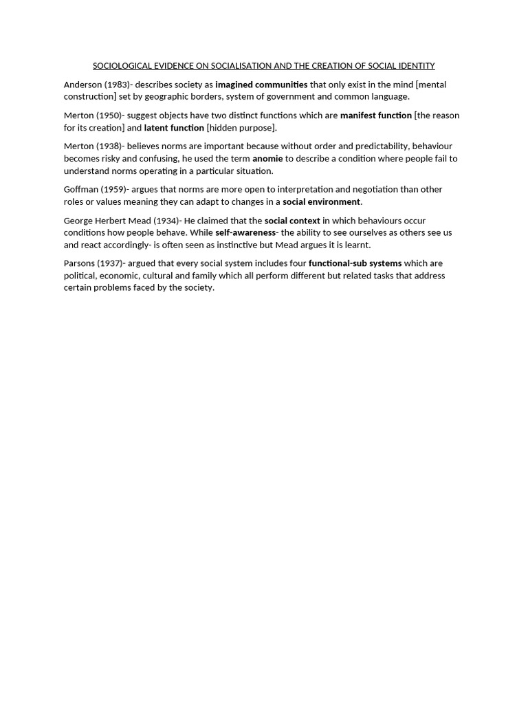 Sociological Evidence On Socialisation and The Creation of Social ...