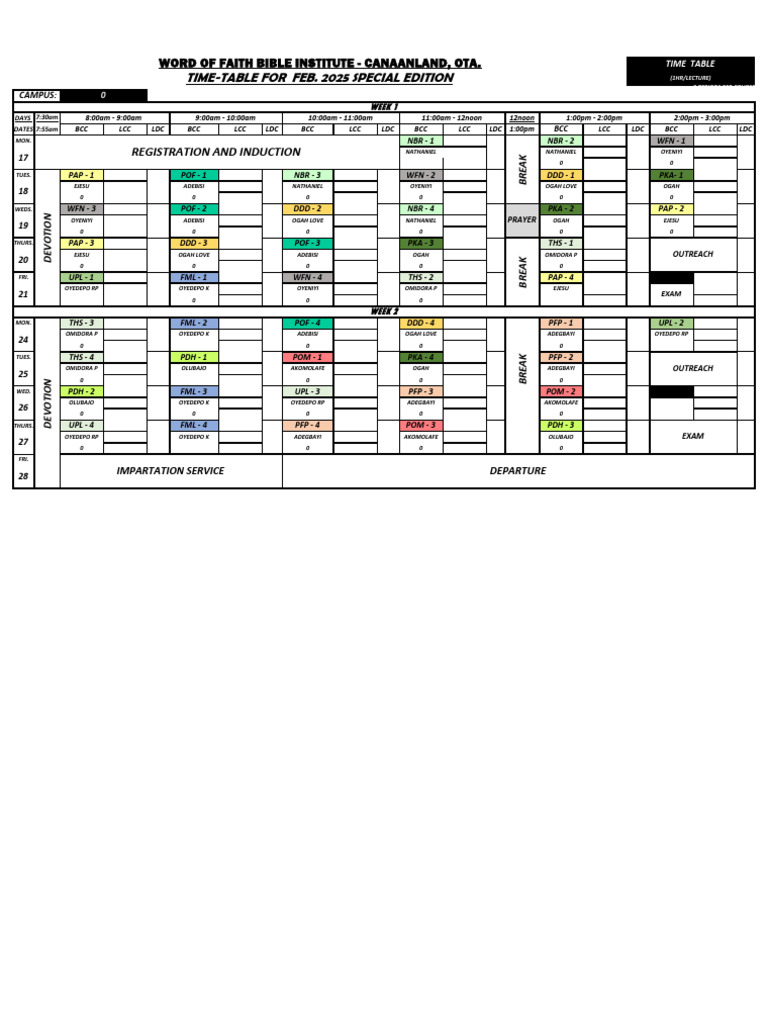 BCC Timetable for February 2025 | PDF