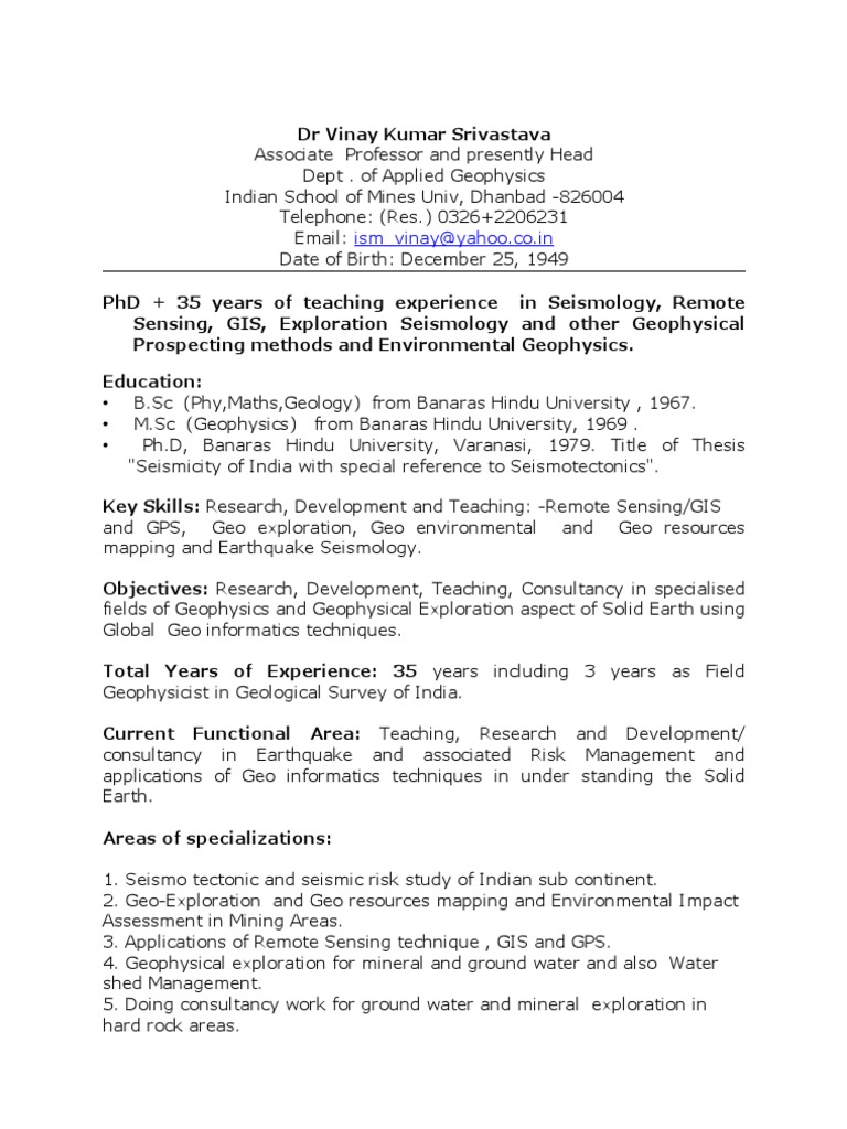 CV VKS | PDF | Geophysics | Doctor Of Philosophy