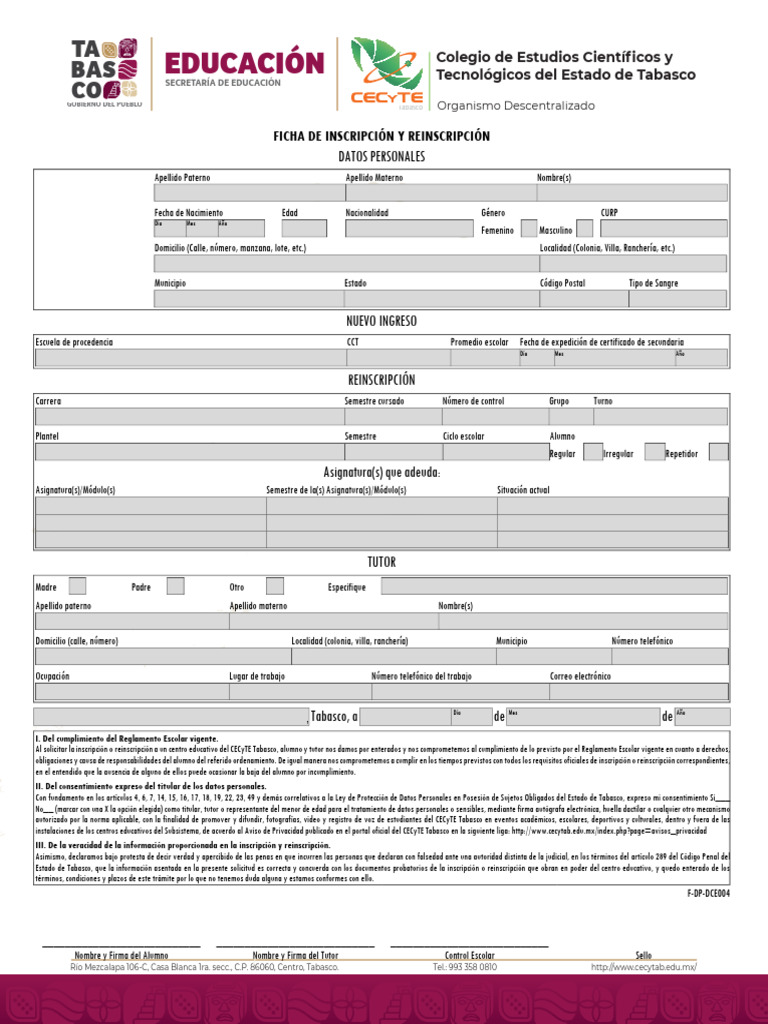 Ficha de Inscripción CECyTE Tabasco | PDF