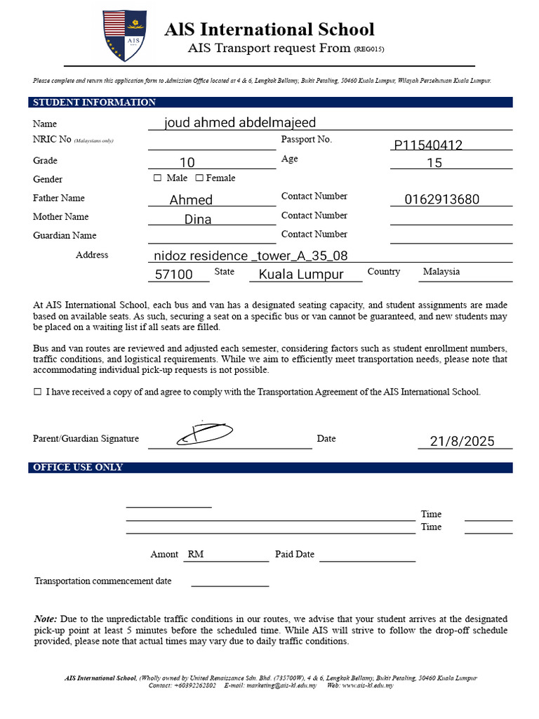 AIS Transport Request Form (REG015) - 1 | PDF