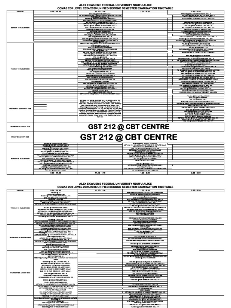 200l Ccmas Unified 2024 2025 Second Semester Examination Time Table | PDF