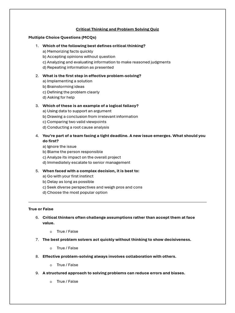 Critical Thinking & Problem Solving Quiz | PDF | Critical Thinking ...
