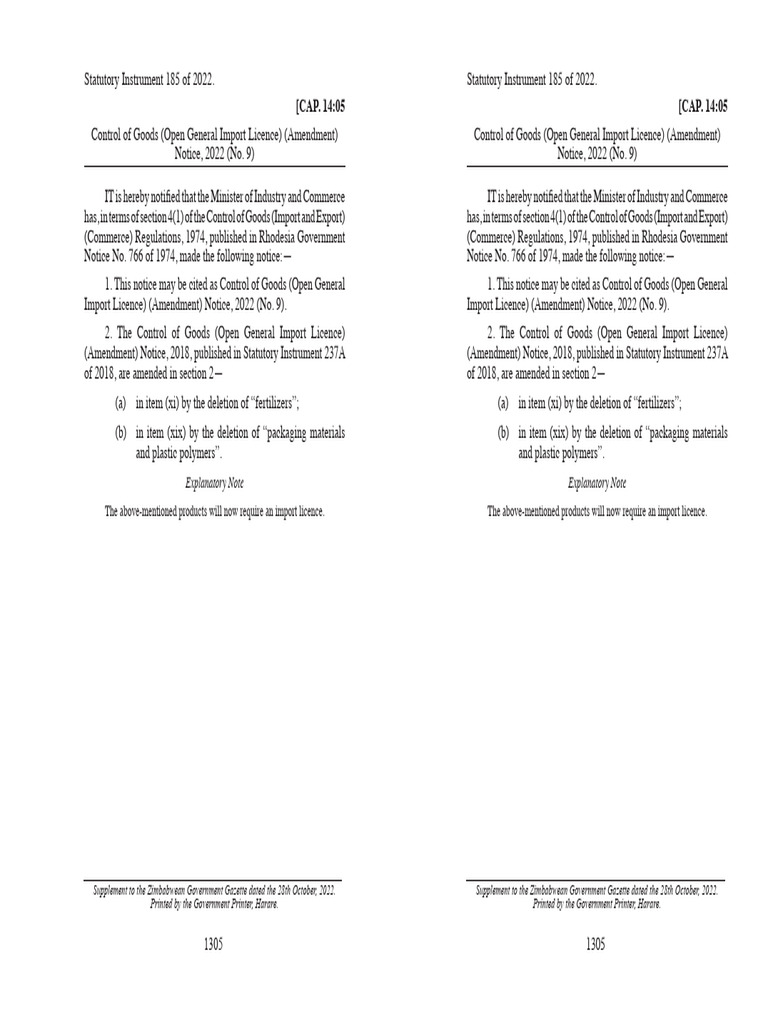 Amendment to Open Import Licence 2022 | PDF