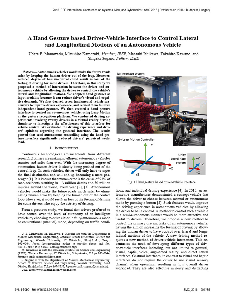 A Hand Gesture Based Driver-Vehicle Interface To Control Lateral and Longitudinal Motions of An ...