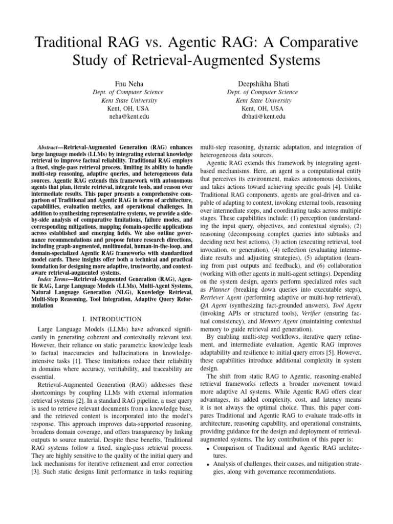 Traditional RAG vs. Agentic RAG: A Comparative Study of Retrieval-Augmented Systems | PDF ...