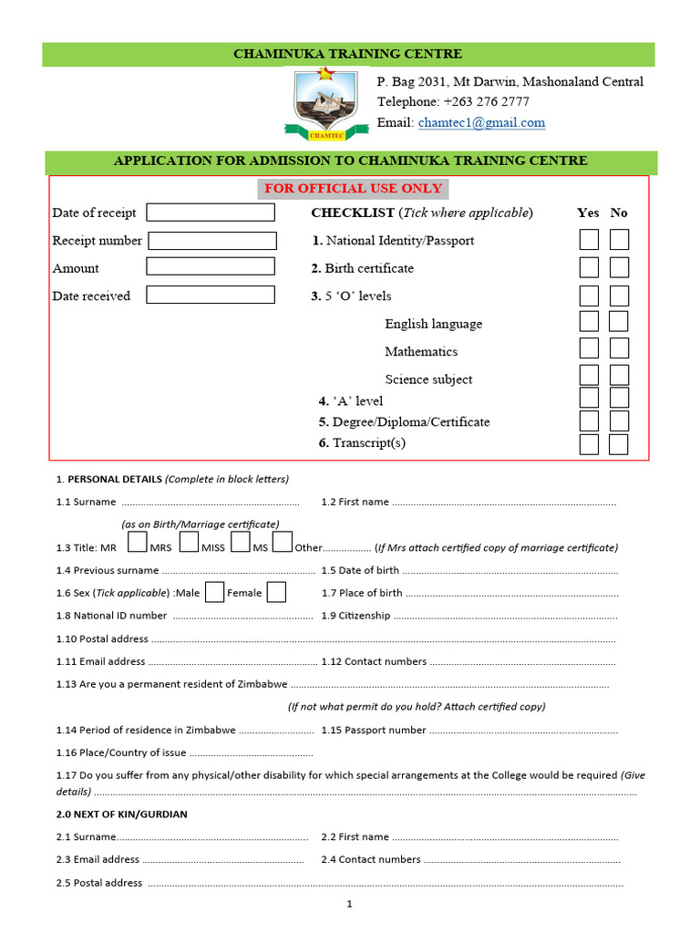 Chaminuka Training Centre Admission Form | PDF | Government And Personhood