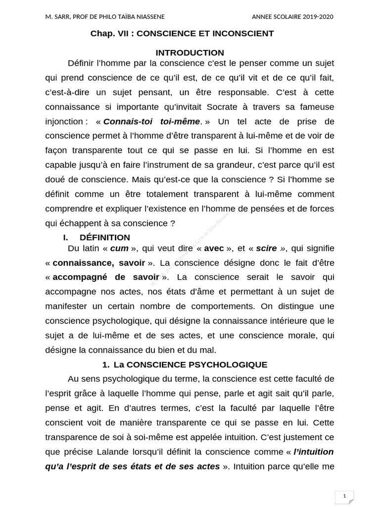 Conscience et Inconscient : Définition et Types | PDF | Conscience ...