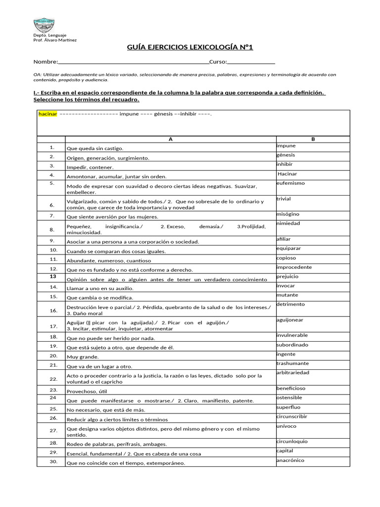 Guía Ejercicios Lexicología Pauta | PDF