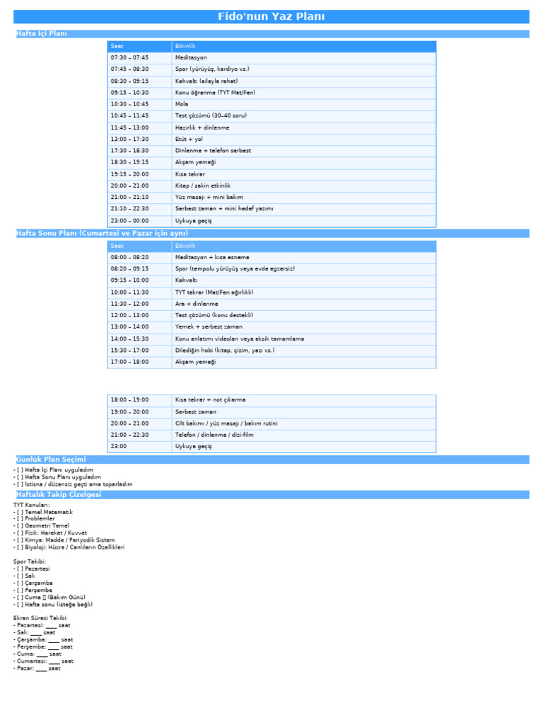 Yaz Planı Final | PDF