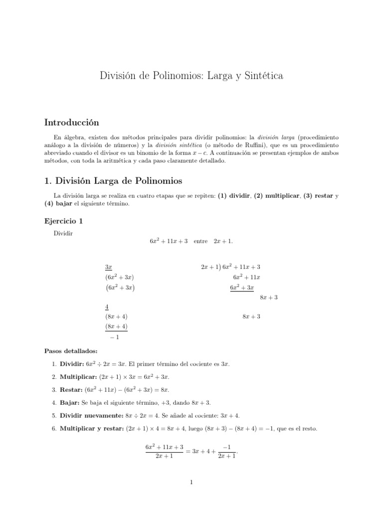 División de Polinomios: Métodos Largos y Sintéticos | PDF | División ...