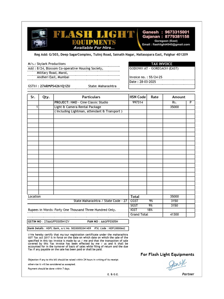 Tax Invoice for Light & Camera Rental | PDF | Invoice | Public Finance