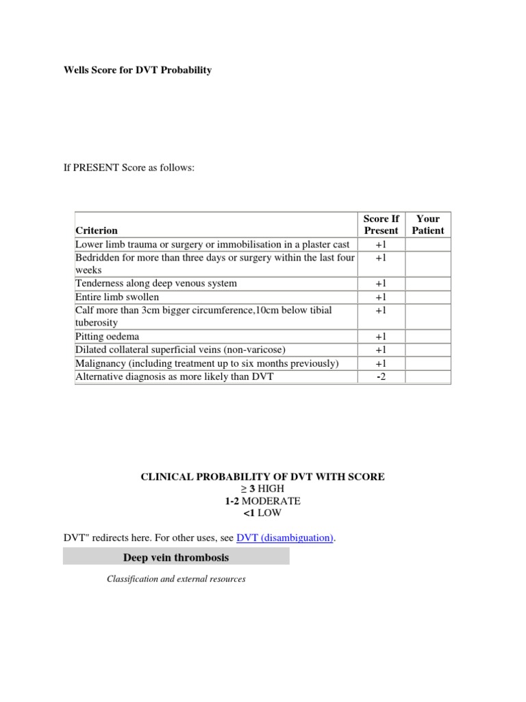 Wells Score for DVT Assessment | PDF | Thrombosis | Vein