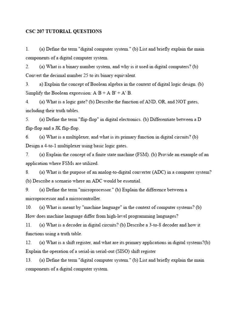 CSC 207 Tutorial Questions | PDF | Digital Electronics | Logic Gate