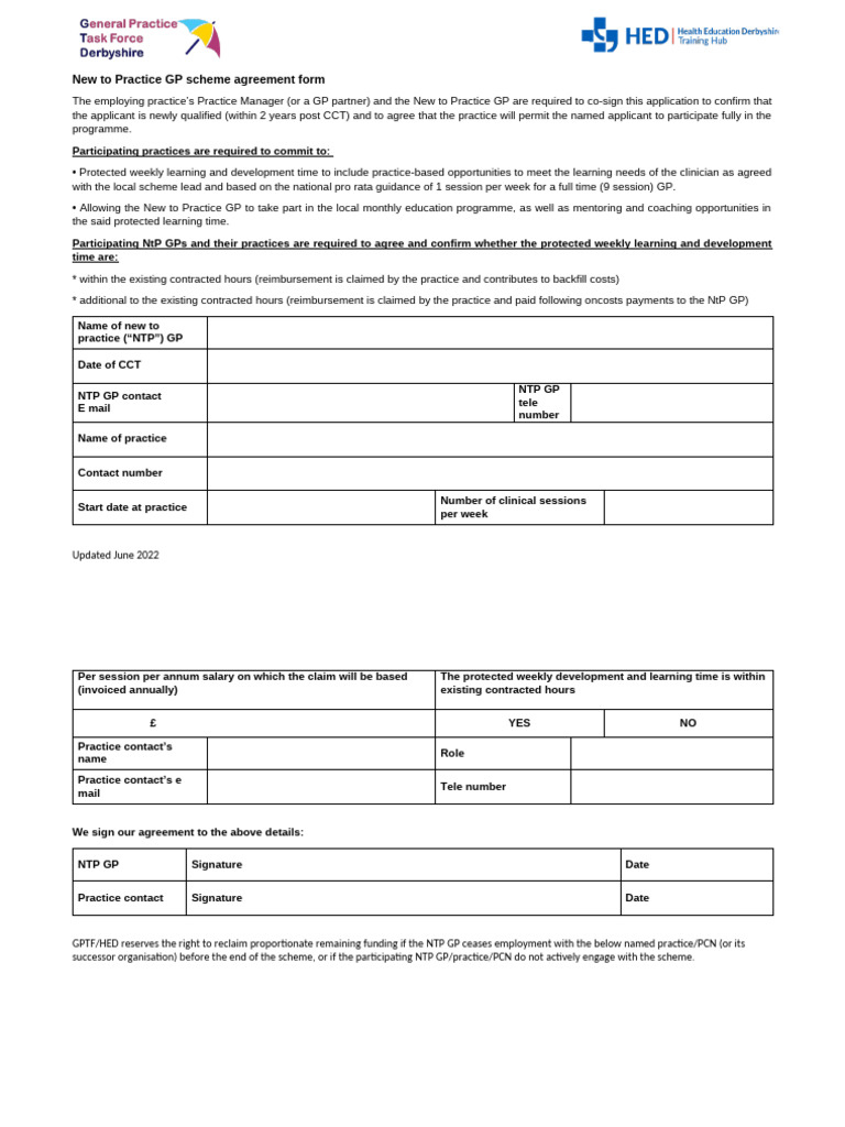 New to Practice GP Scheme Agreement Form | PDF