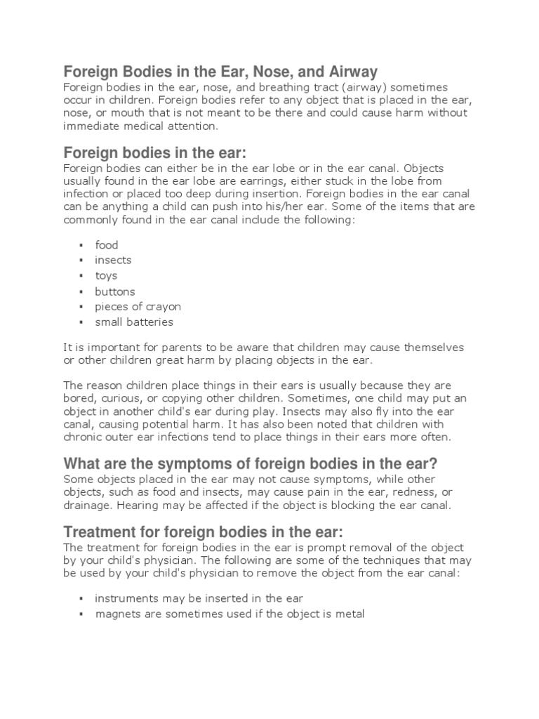 Managing Foreign Bodies in Ears and Nose | PDF | Ear | Human Head And Neck