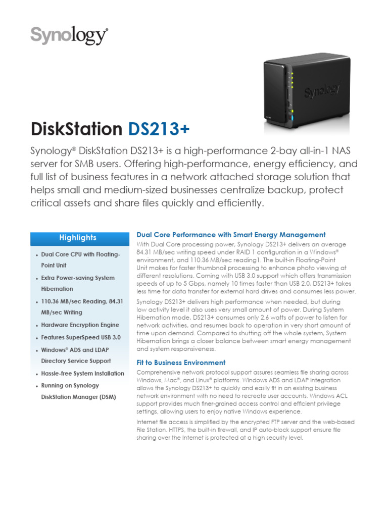 Synology DS213+: High-Performance NAS | PDF | File Transfer Protocol | Usb