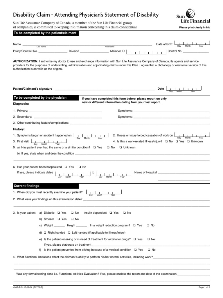 Physician's Statement for Disability Claim | PDF | Patient | Therapy