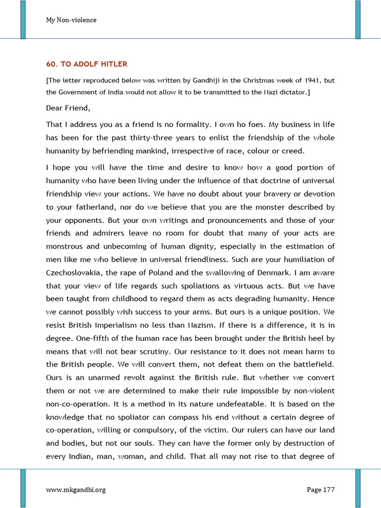 Gandhi's Letter to Hitler on Peace | PDF | Nonviolence