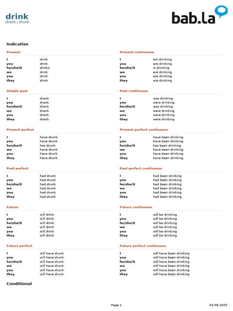Conjugation of the Verb "Drink" | PDF | Grammar | Linguistic Typology