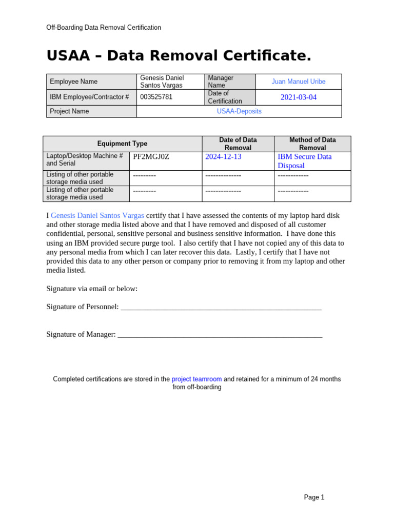 USAA Data Removal Certification Form | PDF