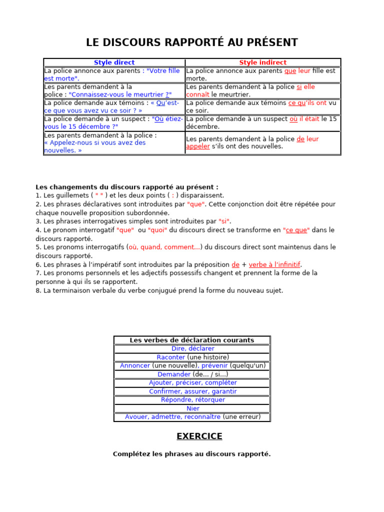 Discours rapporté au présent : règles et exercices | PDF | Phrase ...