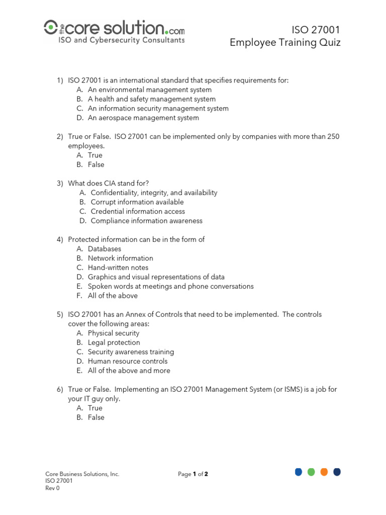 ISO 27001 Employee Training Quiz | PDF | Security | Computer Security