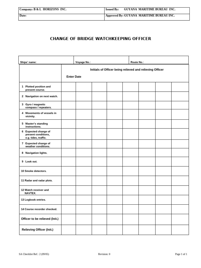 Change of Brige Watch-Keeping Checklist | PDF