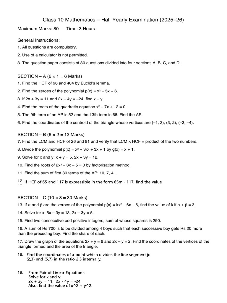 Class10 Maths HalfYearly Paper Final-1 | PDF | Area | Triangle