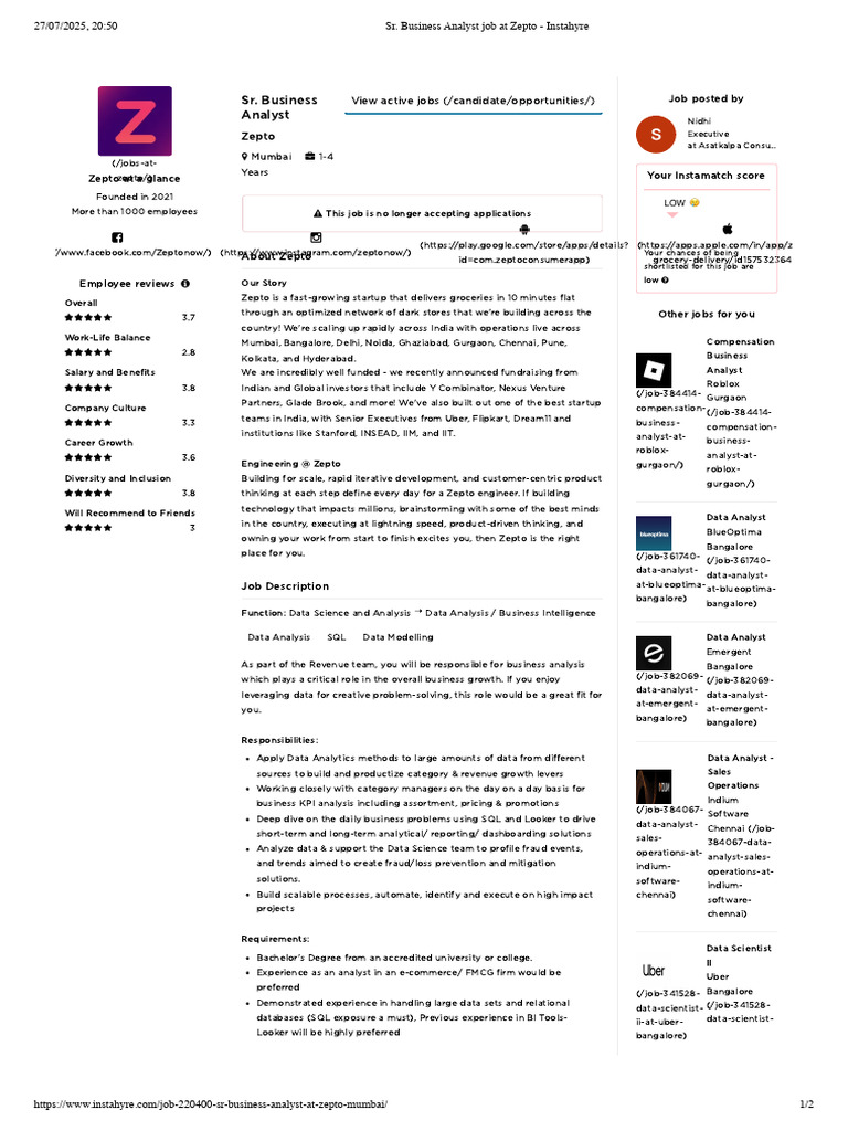 Sr. Business Analyst Job at Zepto - Instahyre | PDF | Data Analysis ...