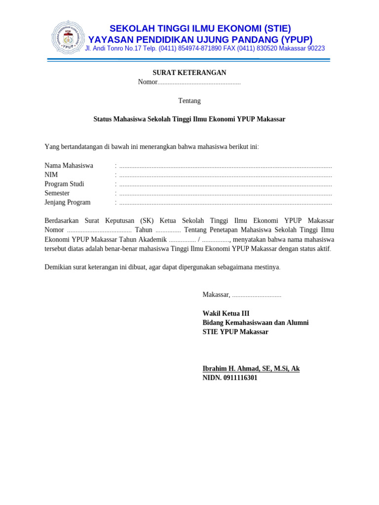 Surat Keterangan - Status Mahasiswa | PDF
